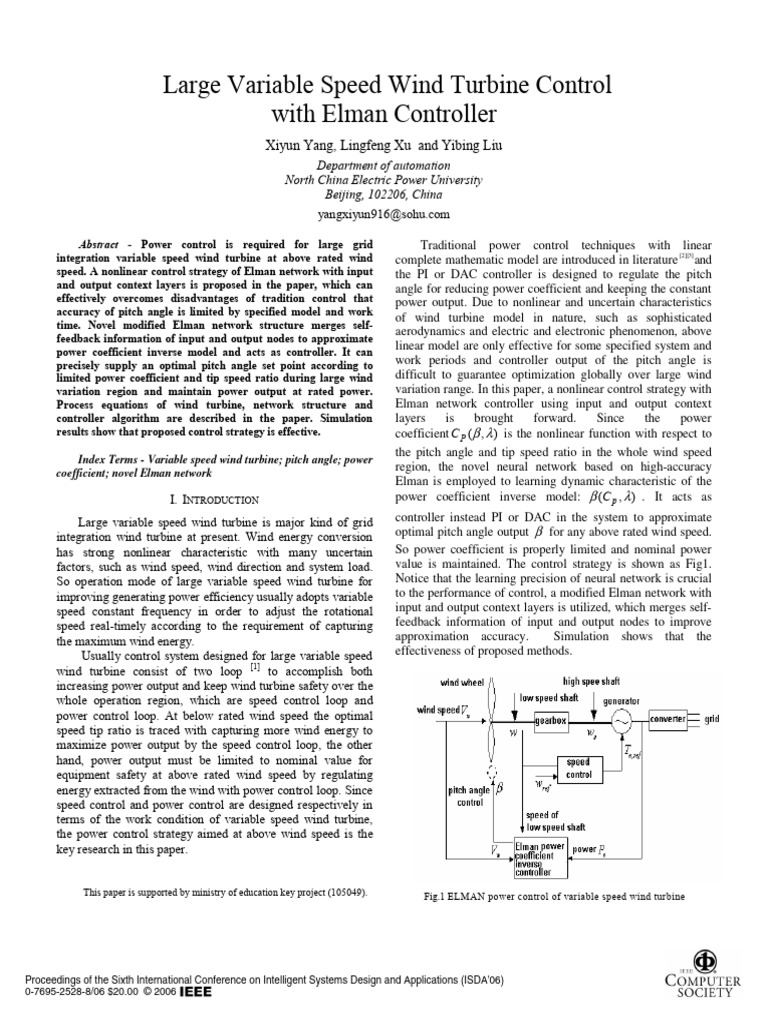 Large Variable Speed Wind Turbine Control With Elman Controller | PDF | Control Theory | Wind ...