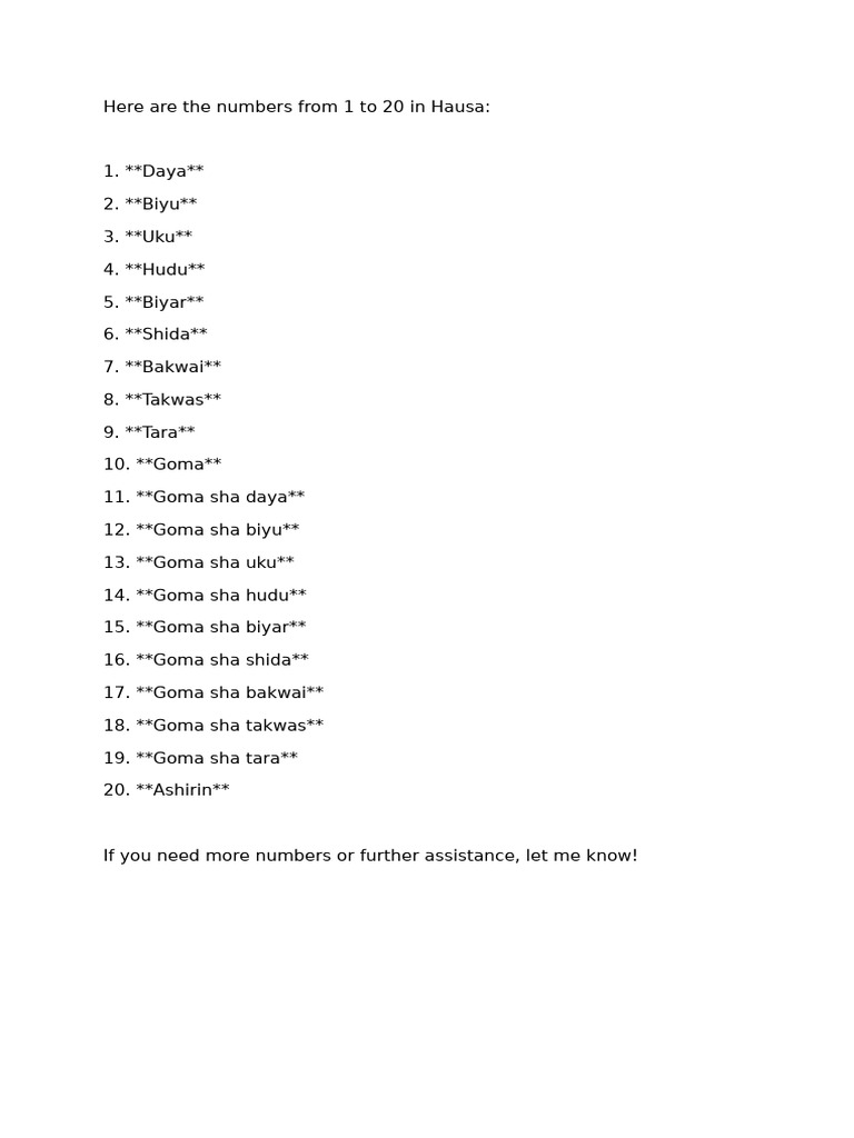 Hausa Numbers 1 to 20 | PDF