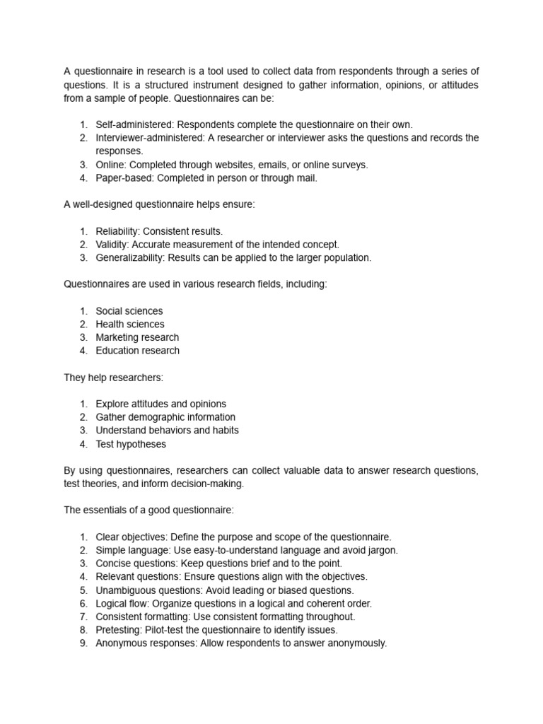 Questionnaire and Essentials of it (1) | PDF | Questionnaire ...