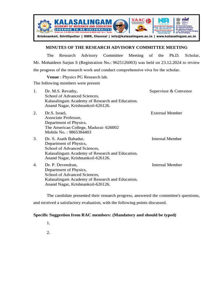 8.MINUTES OF THE RAC Meeting - General - Progree - Review | PDF