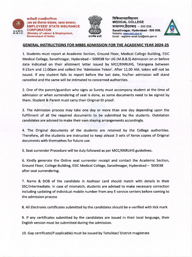 Esi Medical College, Sanathnagar, Hyd Ts CQ Joining Details 2024 25 ...