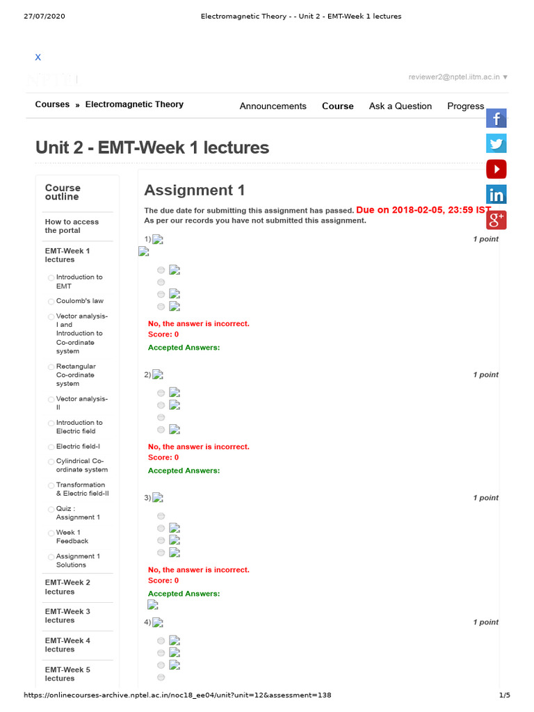 Noc18-Ee04 Week 01 Assignment 01 | PDF | Physics | Electromagnetism