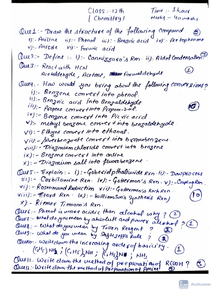 organic chemistry test for class 12th | PDF