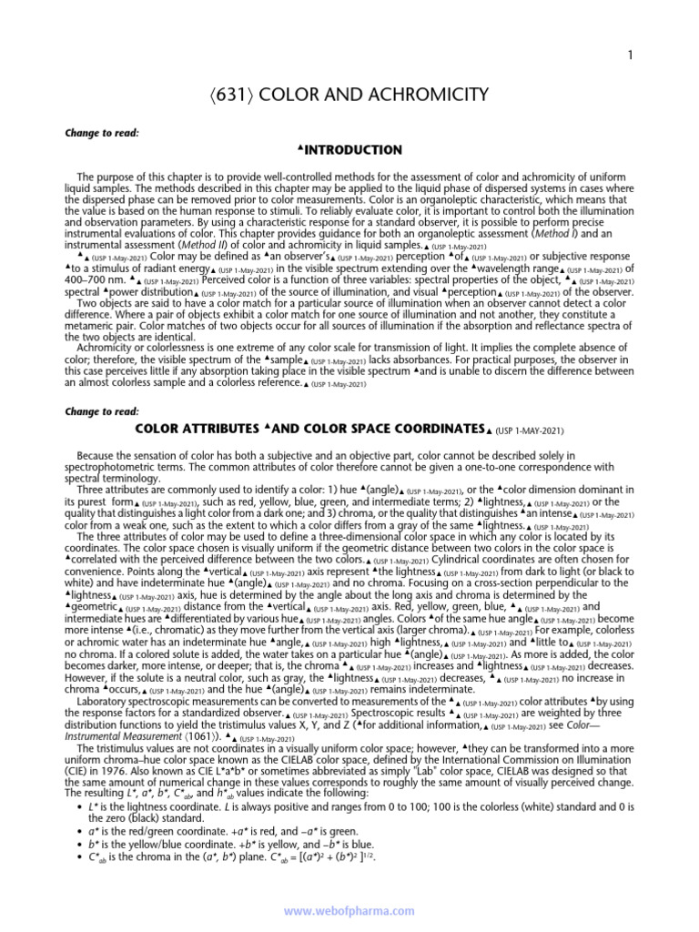 〈631〉 Color and Achromicity | PDF | Color | Visual Perception