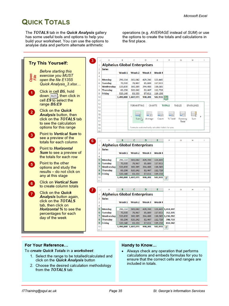 Quick Totals in Excel Tutorial | PDF