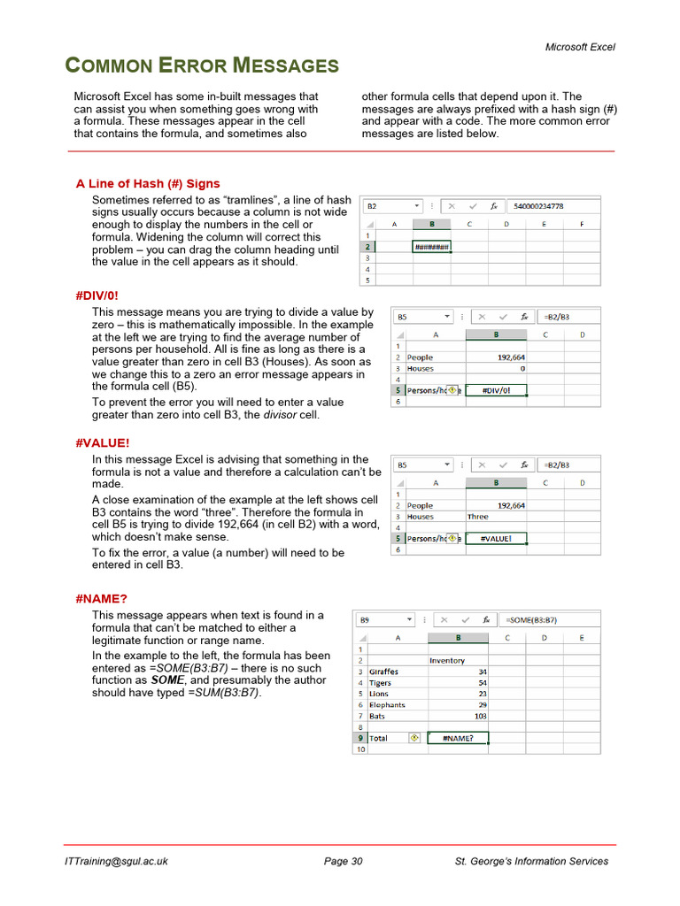 Common Microsoft Excel Error Messages | PDF