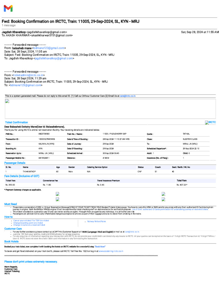 Gmail - Fwd_ Booking Confirmation on IRCTC, Train_ 11005, 29-Sep-2024, SL, KYN - MRJ | PDF ...