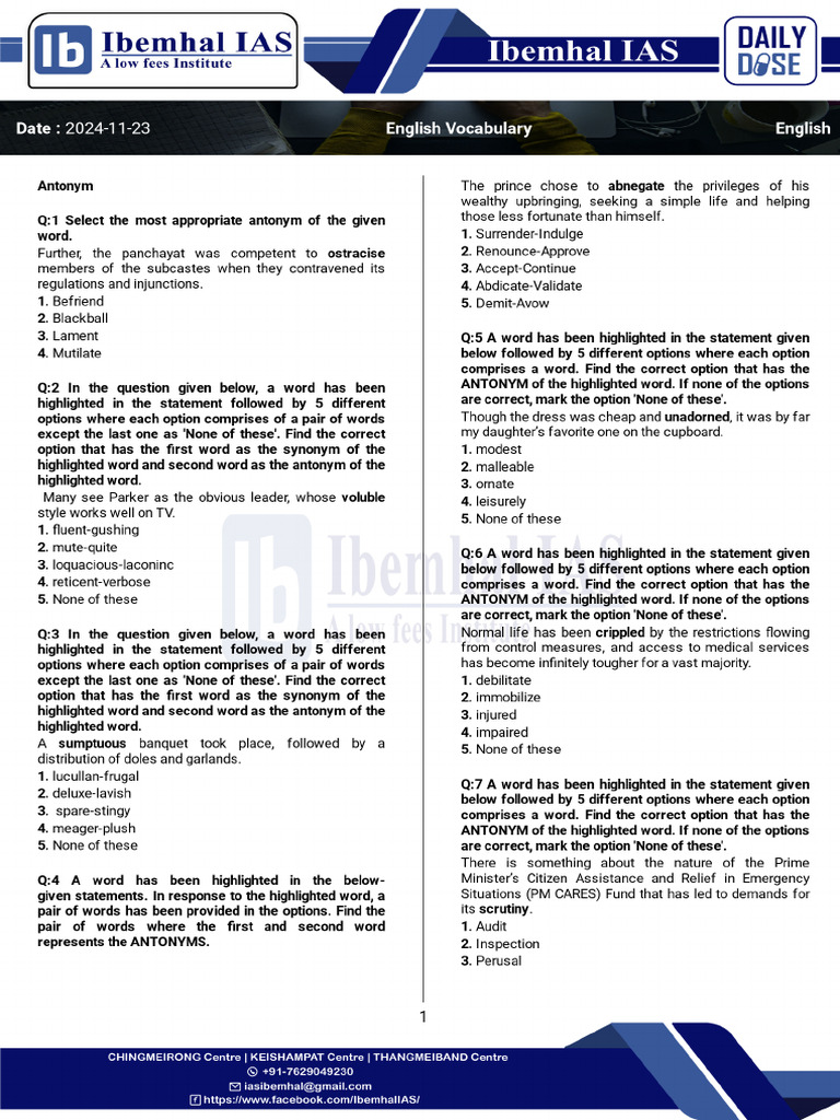 English Vocabulary English 2024-11-23 Ibemhal Ias | PDF