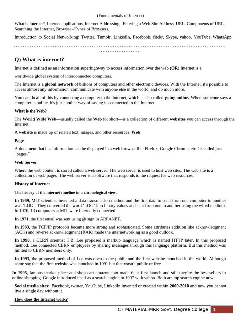 Ict Unit 1 | PDF | World Wide Web | Internet & Web