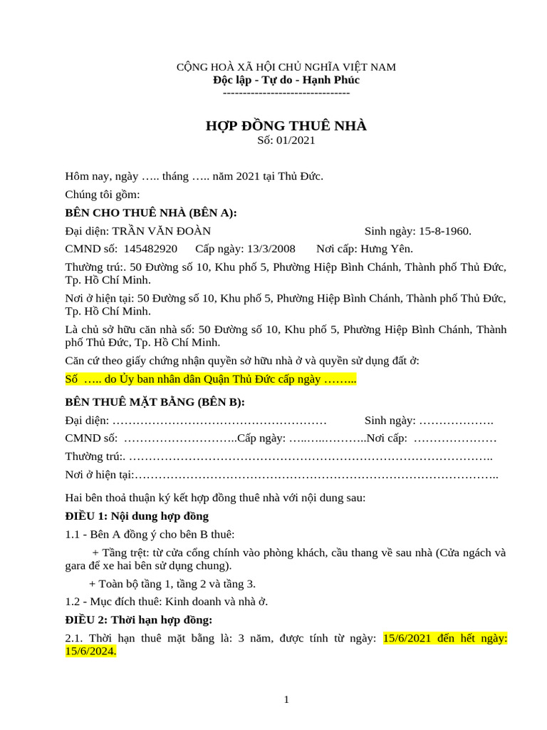 Hop Dong Thue Nha. | PDF