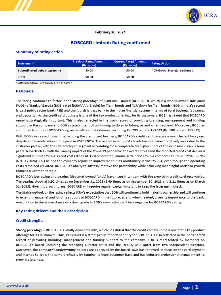 BOBCARD Limited | PDF | Bond Credit Rating | Banks