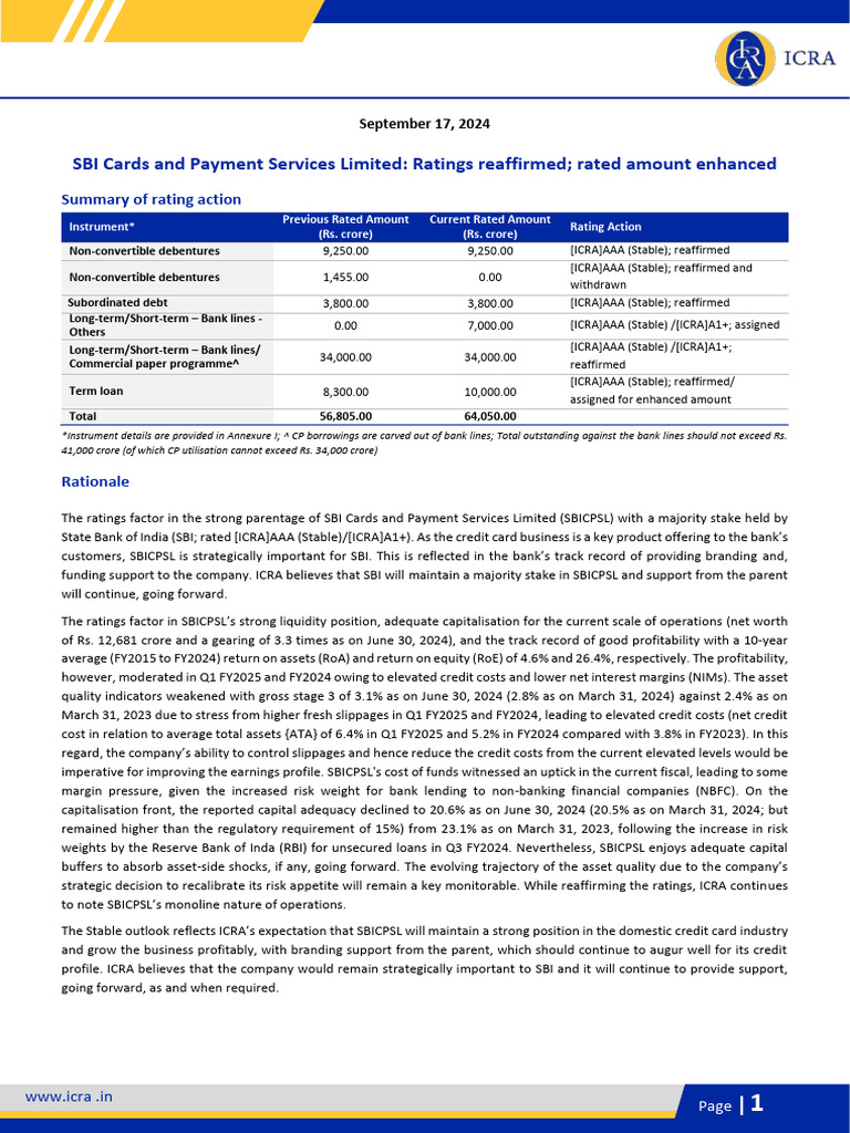 SBI Cards Ratings Reaffirmed and Enhanced | PDF | Bond Credit Rating ...