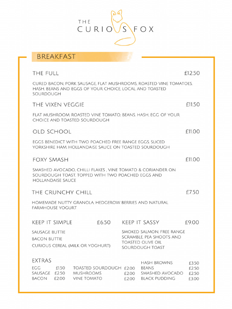 The Curious Fox Breakfast Menu | PDF