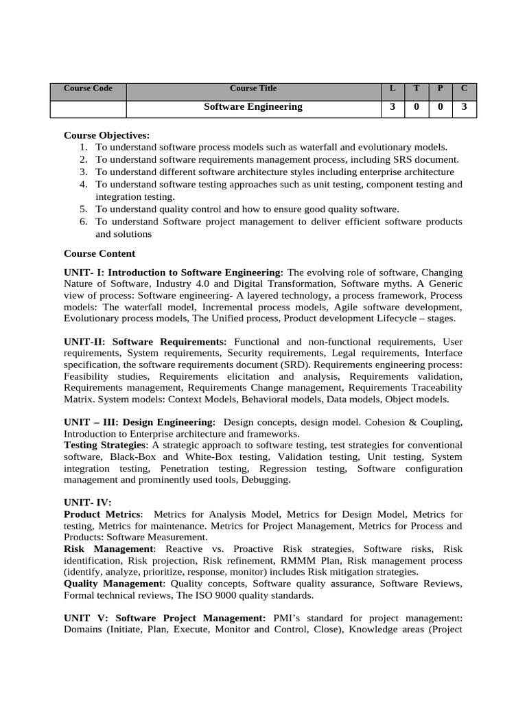 III - IV - CS304 - Software Engineering Syllabus | PDF | Software ...