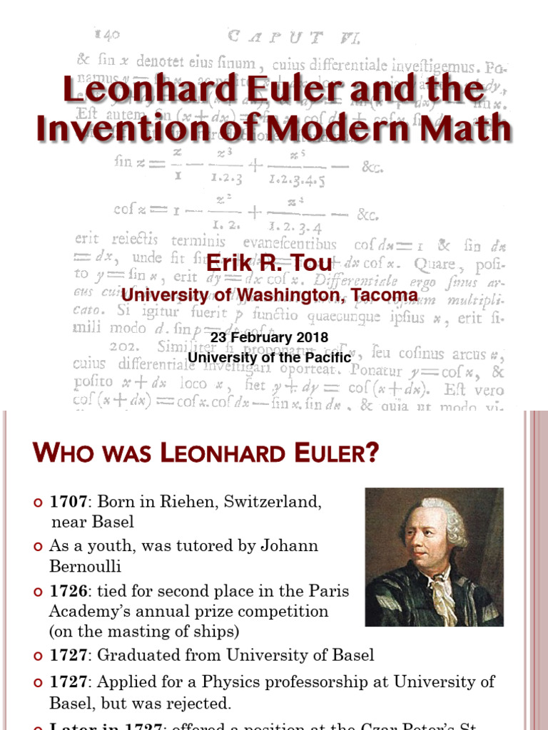 TouE-EulerBiographicalTalk | PDF | Number Theory | Leonhard Euler