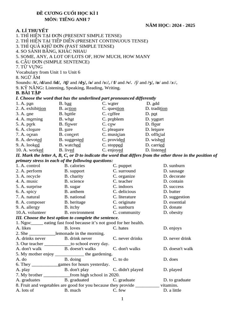 English 7 Semester 1 Study Guide | PDF | Vietnamese Cuisine | Meal