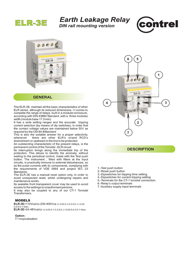 ELR-3E Earth Leakage Relay Overview | PDF | Relay | Electromagnetism