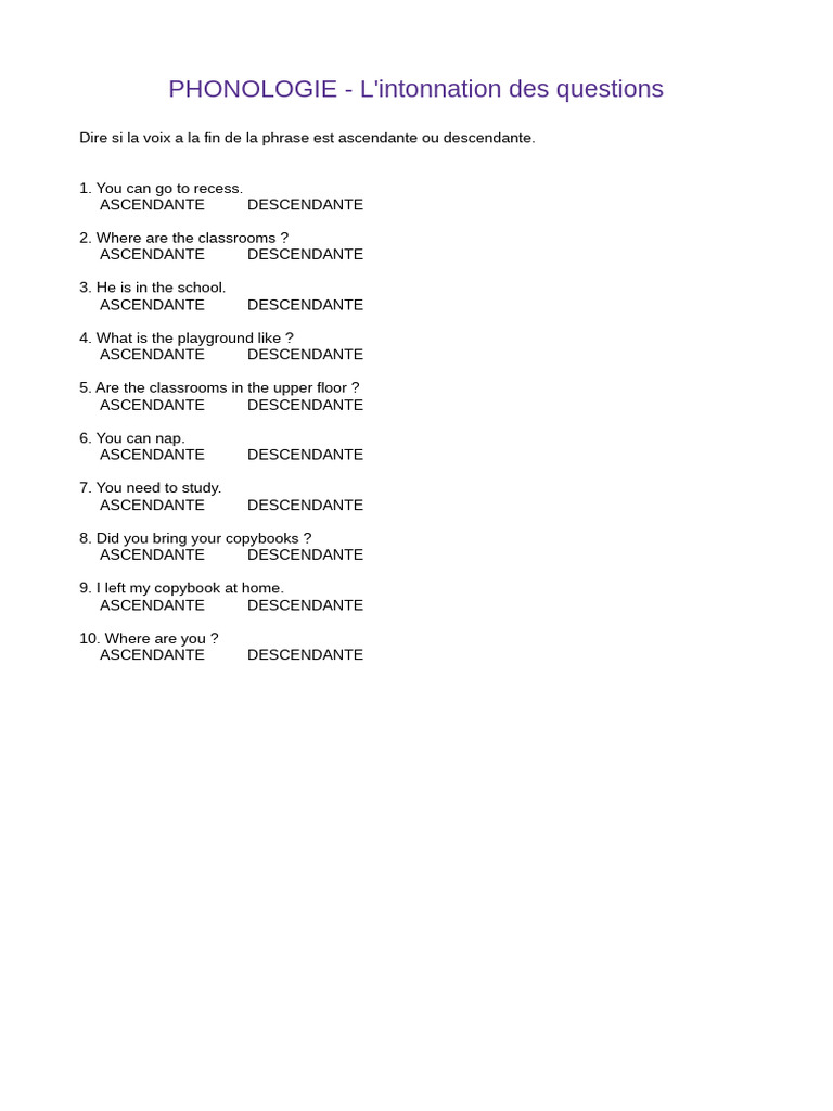 PHONOLOGY Questions Interrogatives Exos | PDF
