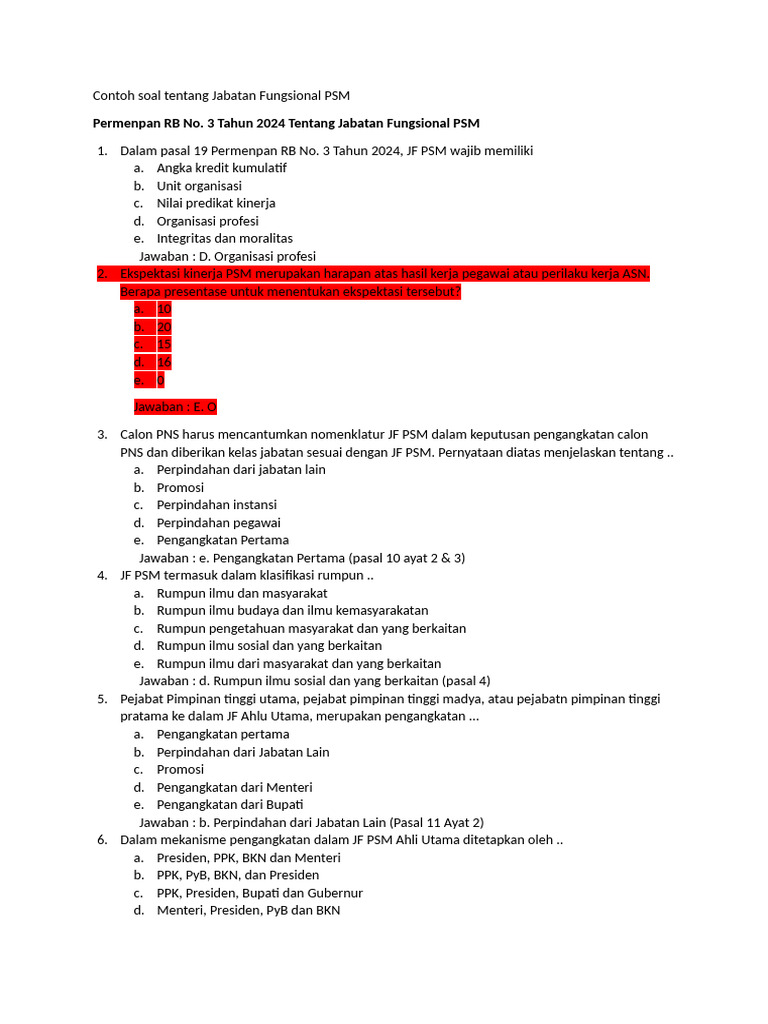 Contoh Soal Tentang Jabatan Fungsional PSM | PDF