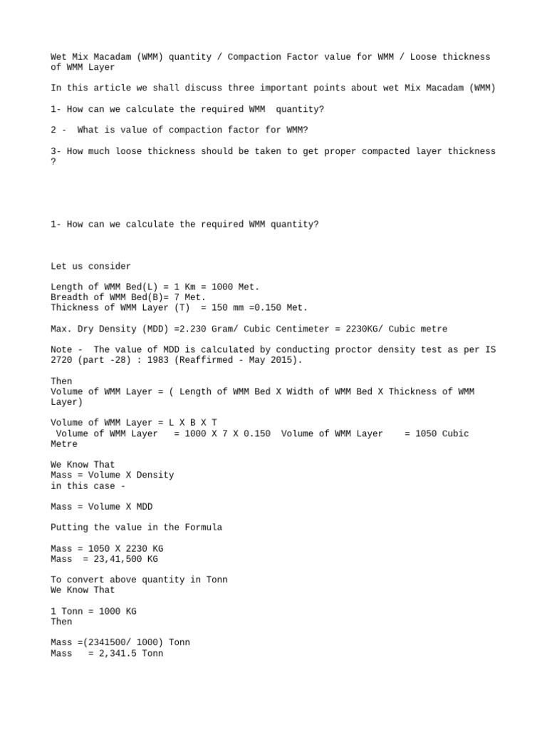 WMM Quantity and Compaction Factors | PDF