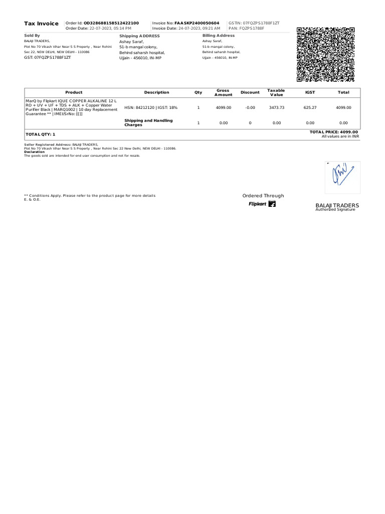 Tax Invoice for Water Purifier Purchase | PDF | Economy Of India ...
