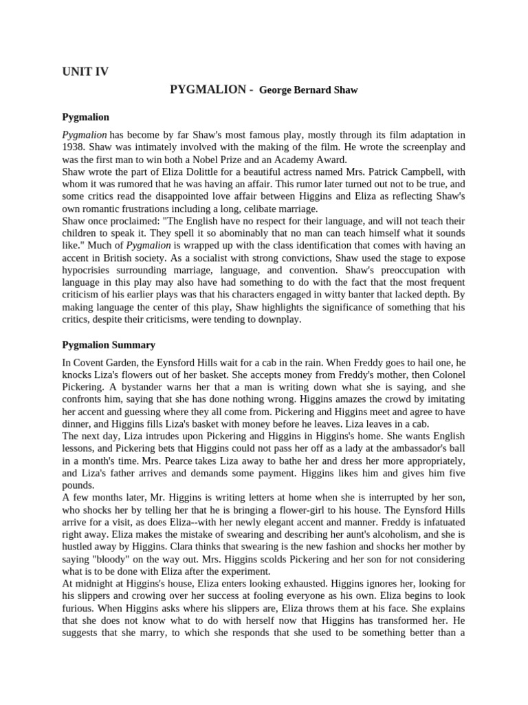 Unit IV Pygmalion Notes | PDF | Pygmalion (Play)
