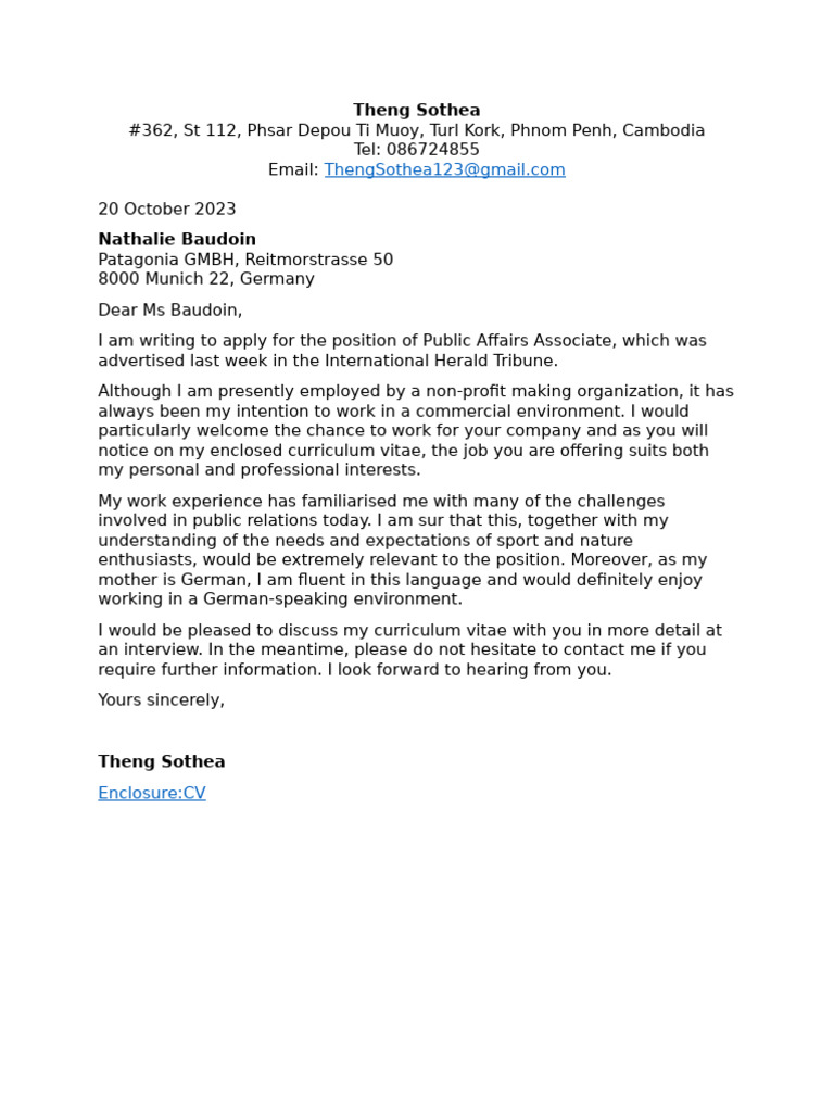 Theng Sothea-Cover Letter3 | PDF