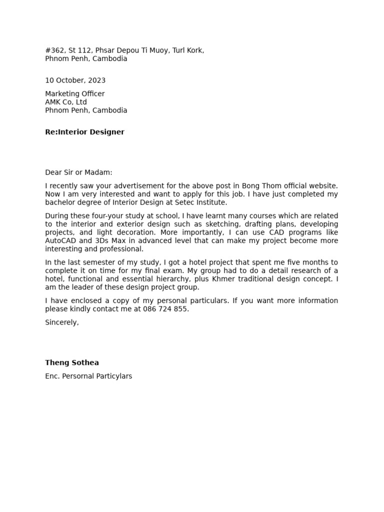 Theng Sothea-Cover Letter | PDF