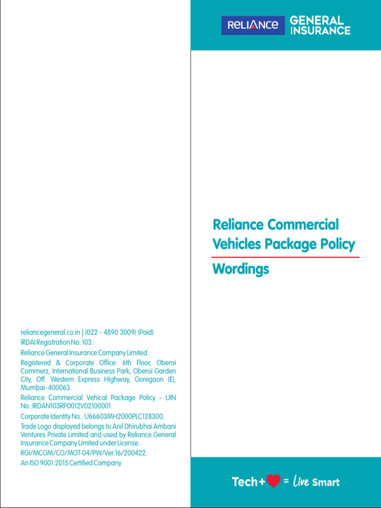 Reliance Commercial Vehicle Policy | PDF | Indemnity | Insurance
