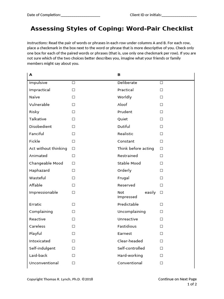 Assessing Styles of Coping Word Pair Checklist - Dec 2018 | PDF ...