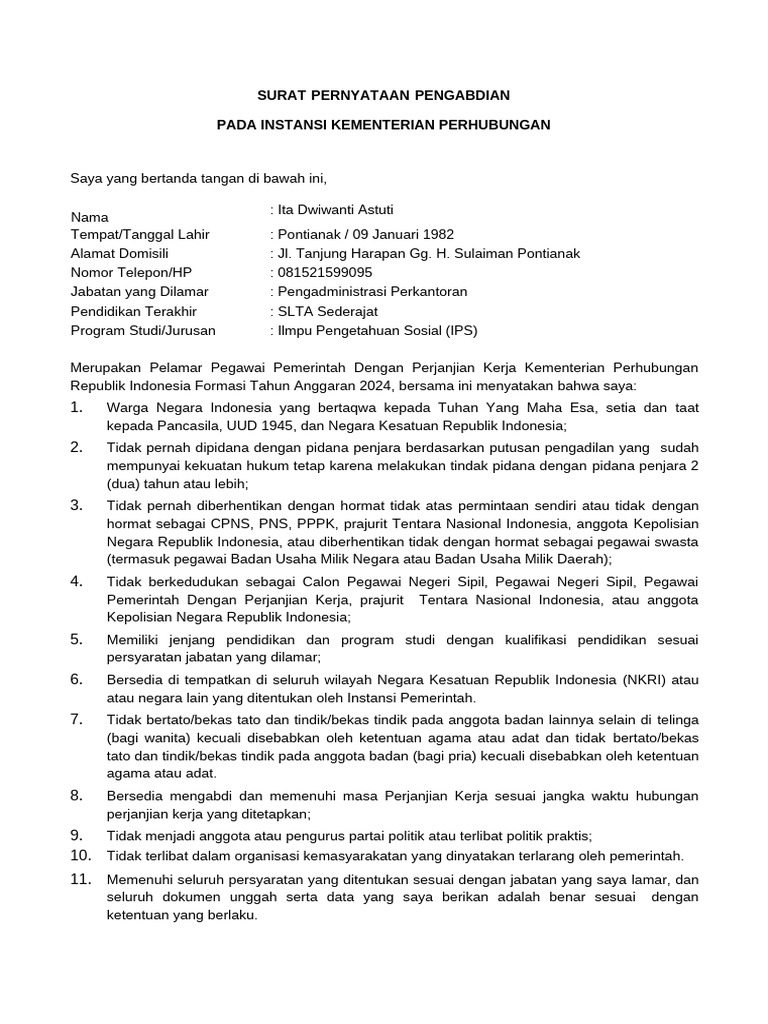 Format Surat Pernyataan Pengabdian Pada Instansi Kementerian ...