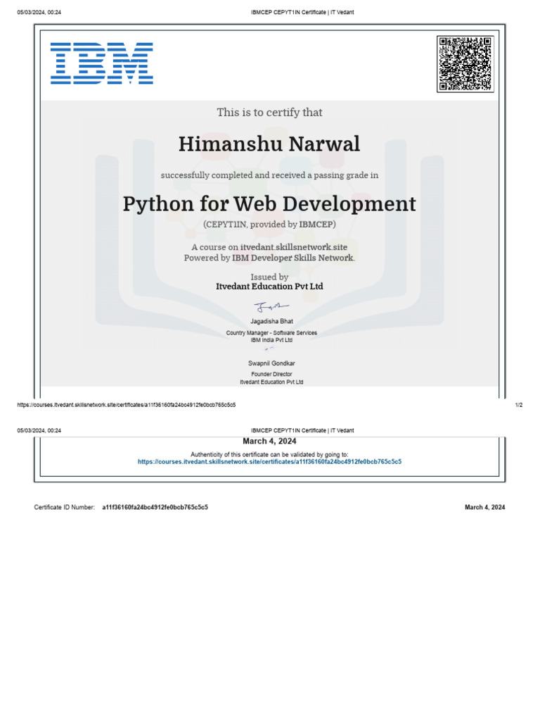 Python Web Dev Certificate - IBM & IT Vedant | PDF