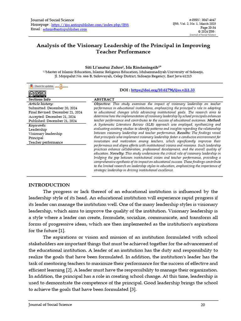 IJSS - Analysis of The Visionary Leadership of The Principal in Improving Teacher Performance ...