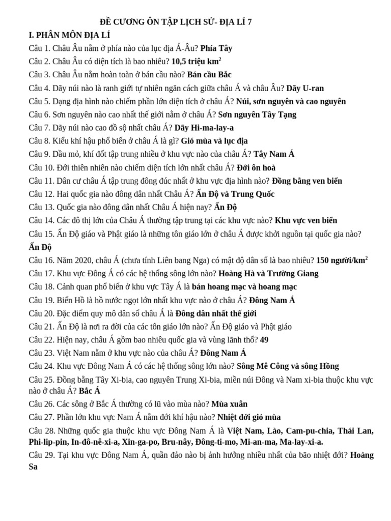 ĐỀ CƯƠNG SỬ ĐỊA 7 CK1 | PDF