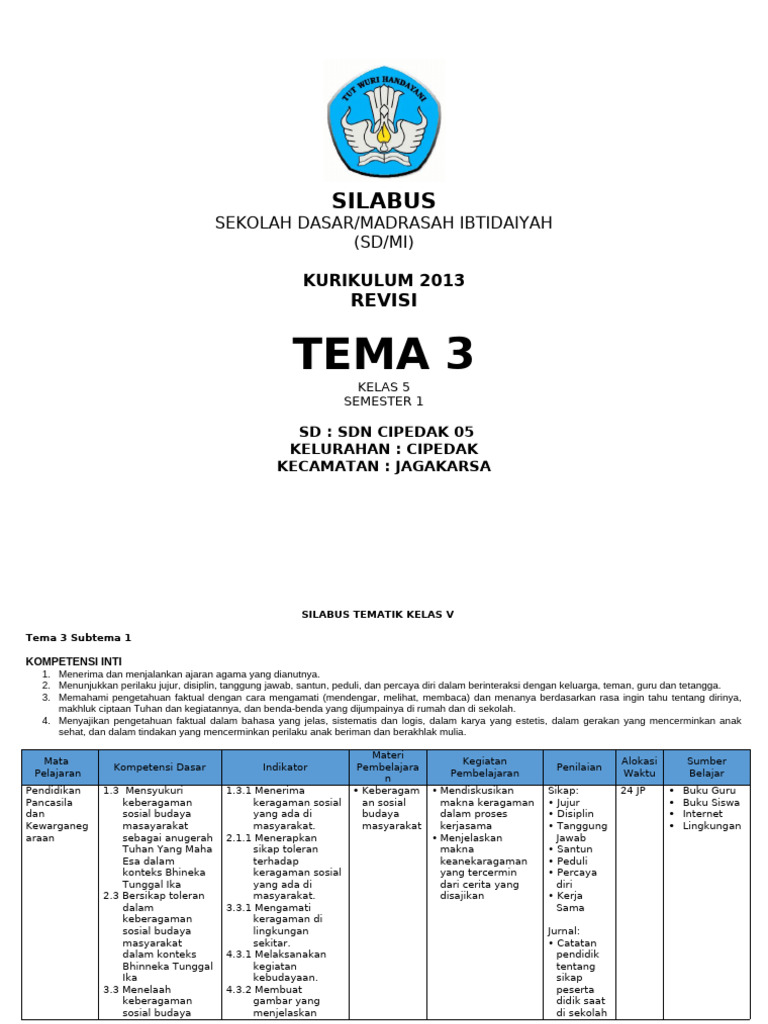 Silabus K13 Kelas 5 Tema 3 | PDF