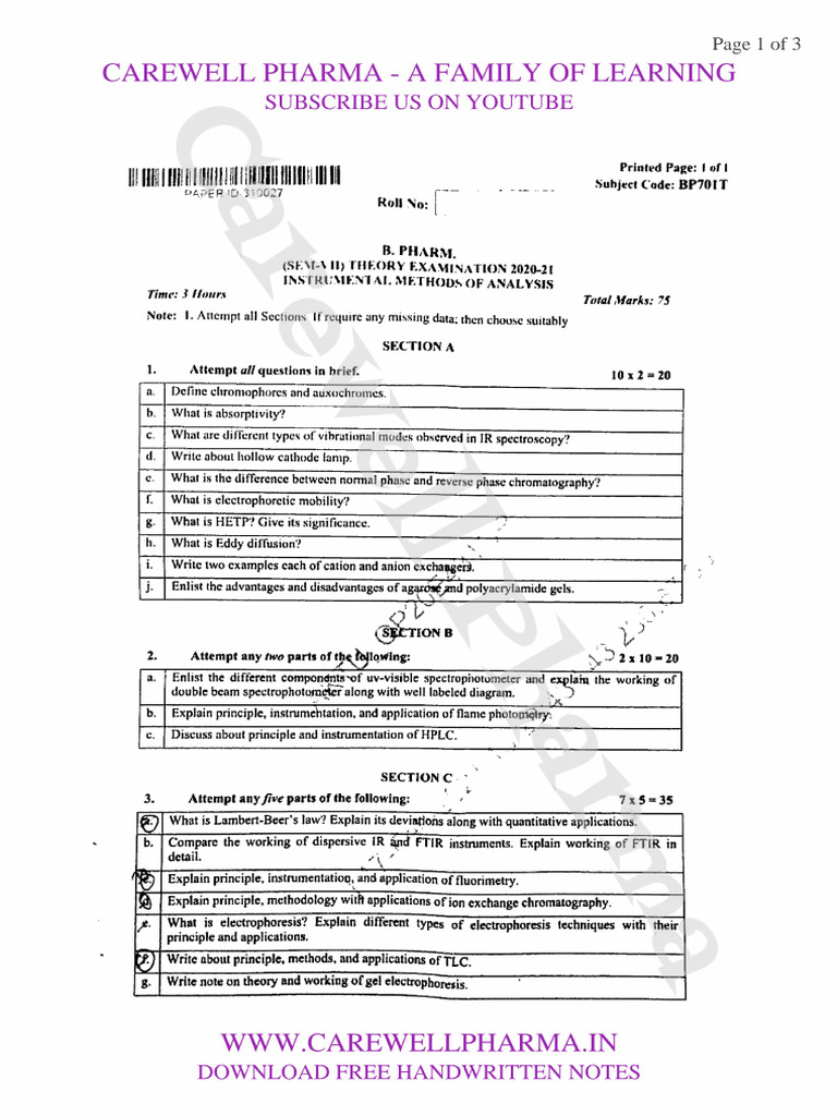 Instrumental Method of Analysis, 7th Sem, AKTU Previous Year Question ...