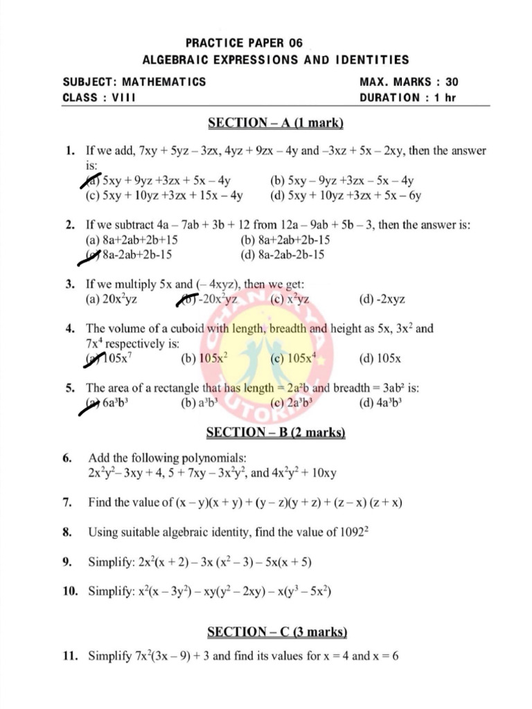 Algebraic Expressions Practice Paper VI | PDF