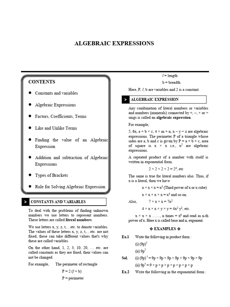 ALGEBRAIC EXPRESSIONS | PDF | Subtraction | Mathematics