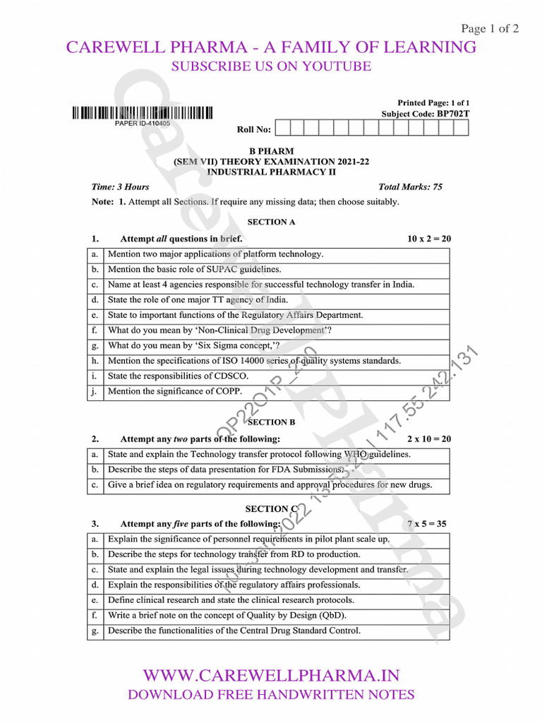 Industrial Pharmacy 2, 7th Sem, AKTU Previous Year Question Paper ...