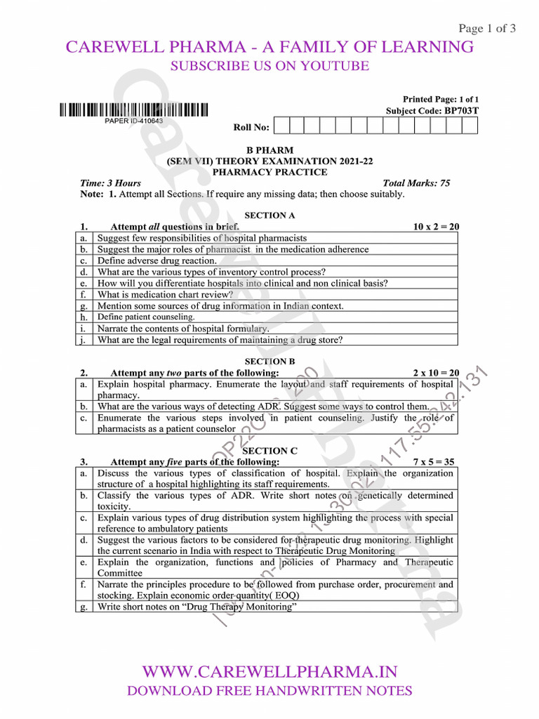 Pharmacy Practice, 7th Sem, AKTU Previous Year Question Paper, Carewell ...