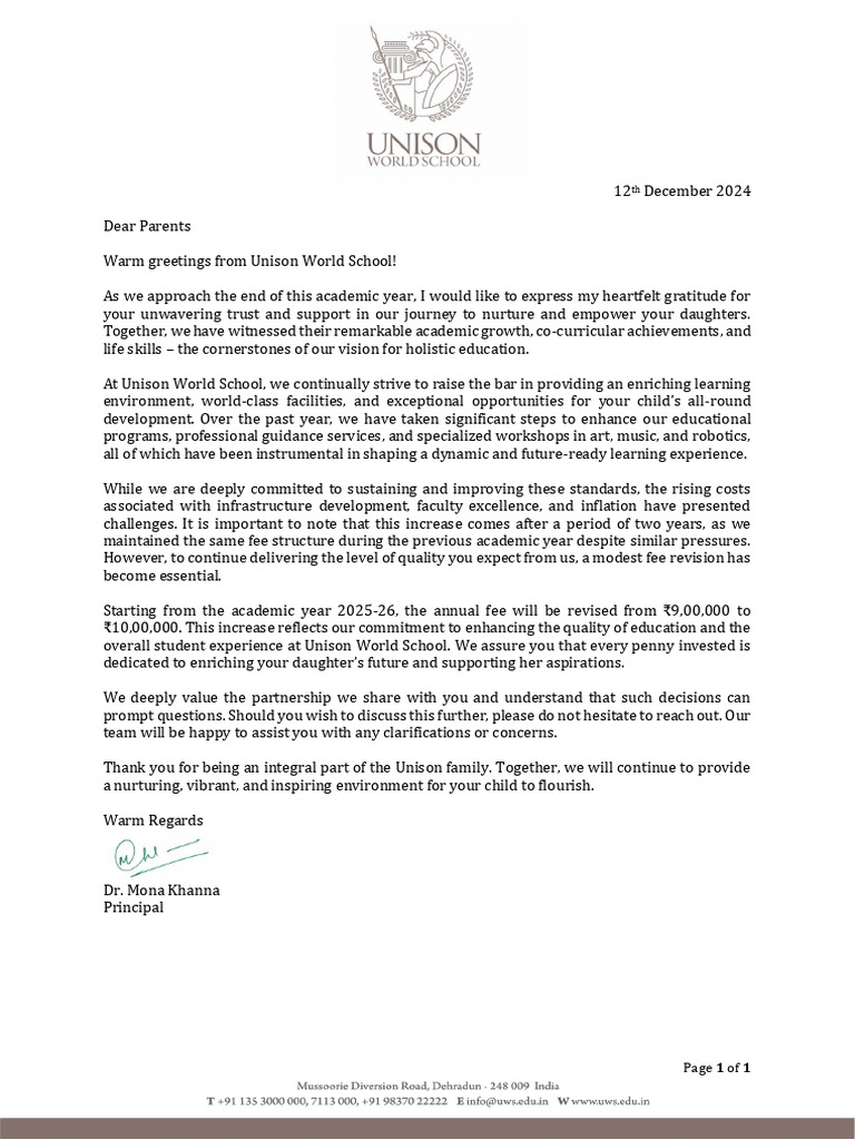 Letter From Principal's Desk | PDF