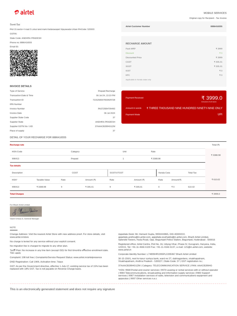 Airtel Prepaid Recharge Invoice | PDF | Invoice | Payments