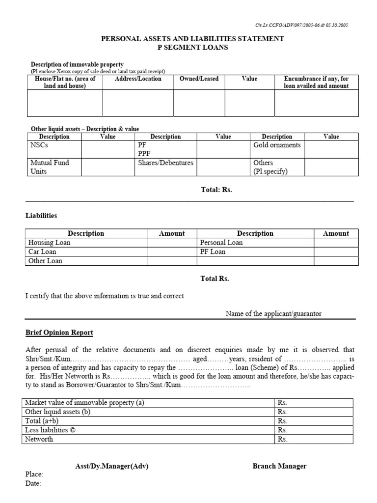 Personal Assets and Liabilities Statement P Segment Loans: PL Enclose ...