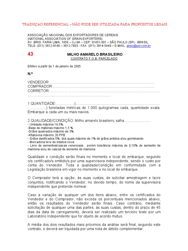 Contrato de Venda de Milho ANEC 43 | PDF | Arbitragem | Contrato de futuros