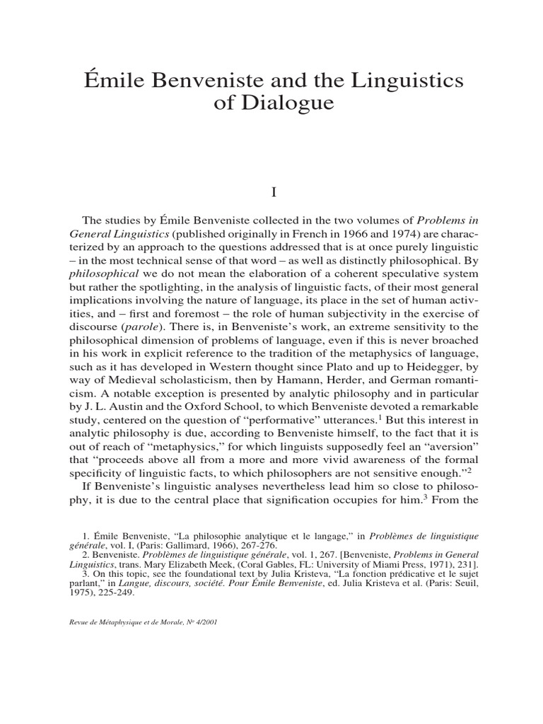 Emile Benveniste and the Linguistics of Dialogue | PDF | Semantics ...