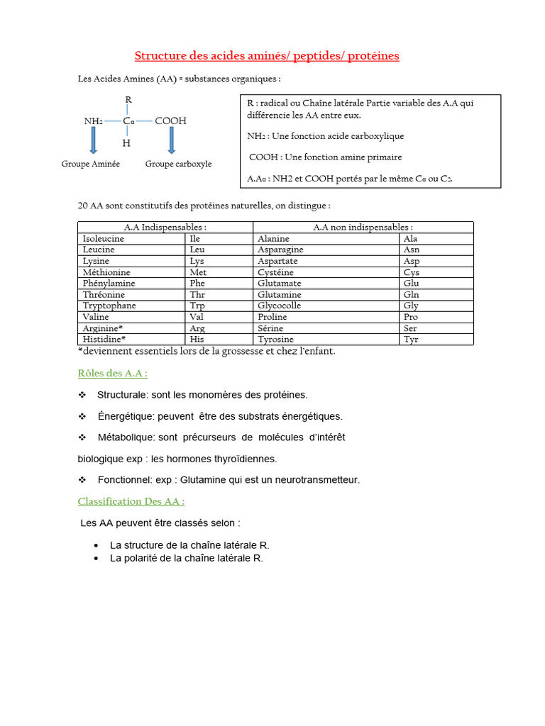 Structure et classification des acides aminés | PDF | Structure de la ...
