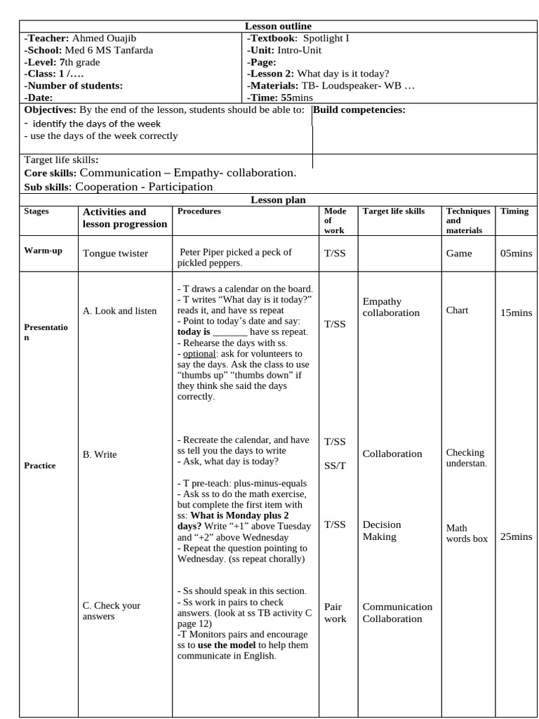 4 - Intro-Unit Lesson 2. What Day Is It Today | PDF | Cognition | Human ...