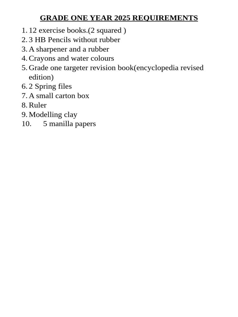 Grade One Year 2025 Requirements 17 Copies | PDF