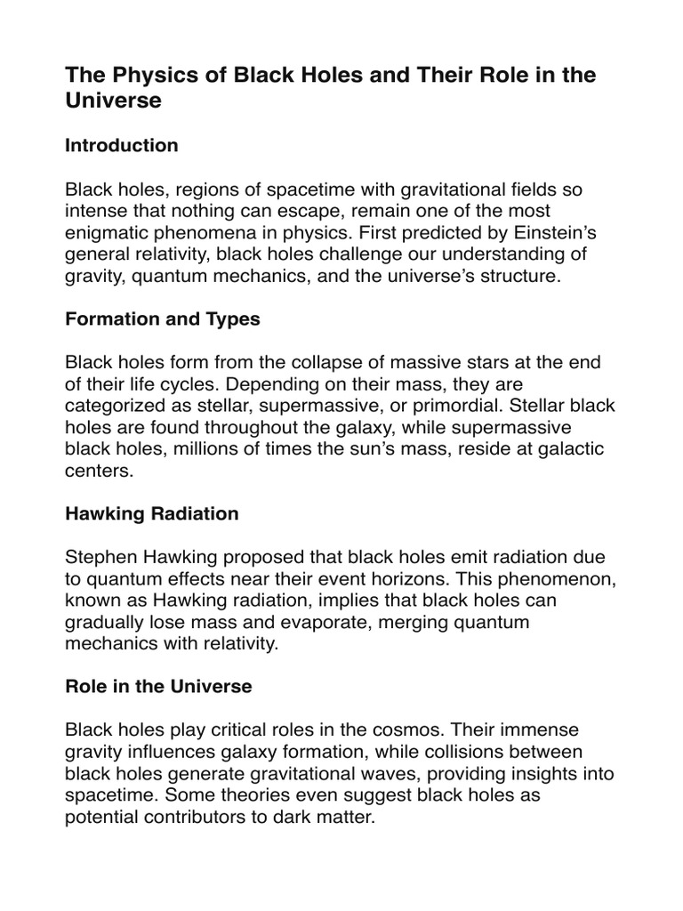 The Physics of Black Holes and Their Role in The Universe | PDF