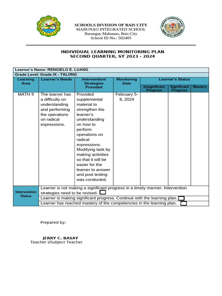 Individual Learning Monitoring Plan | PDF | Learning | Teachers